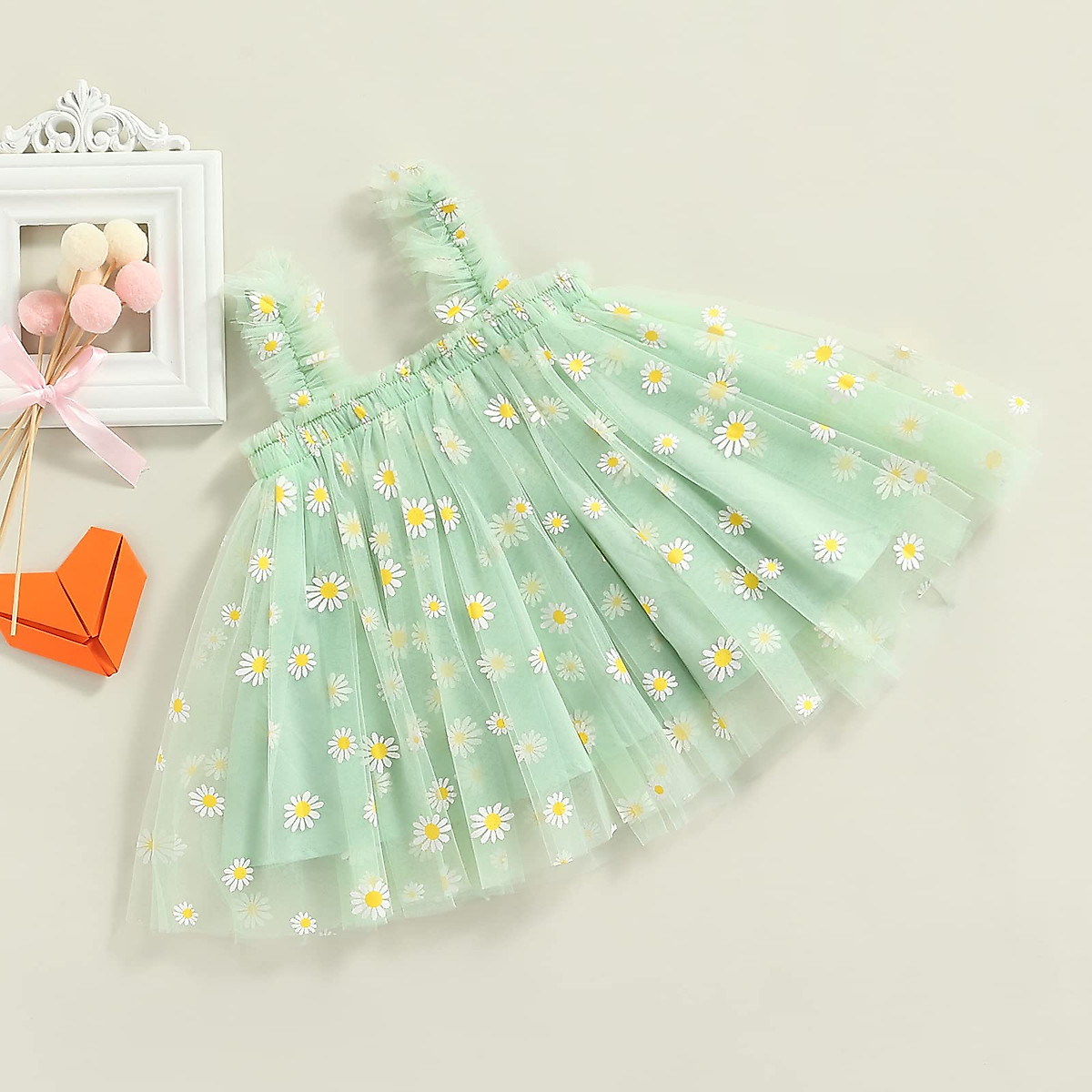 Mubineo Toddler Baby Girl Flower Tulle Tutu Dress Strappy Princess Dresses Sundress (Green Daisy, 6-12 Months)