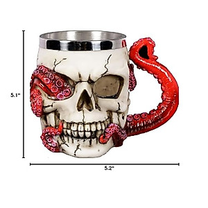 Skull Mug Parasite Octopus Beer Coffee Mugs with Tentacle Handle, Stainless Steel and Resin Tankard Skeleton Cranium Skull Beverage Drinking Cup for Ossuary Macabre Halloween Decorative Accent - 13oz