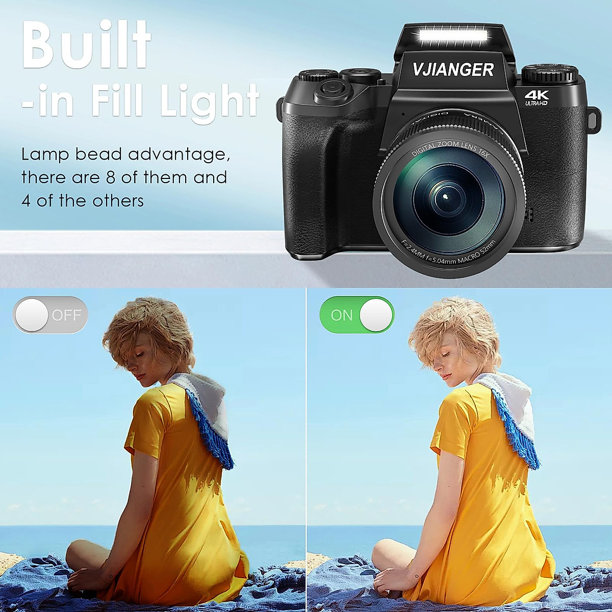 Digital Camera VJIANGER 4K Vlogging Camera 64MP Mirrorless Cameras for Photography with WiFi, 52mm Fixed Lens, 4.0" Fixed Touch Screen, 32GB SD Card & Camera Bag(W05-BlackS1)