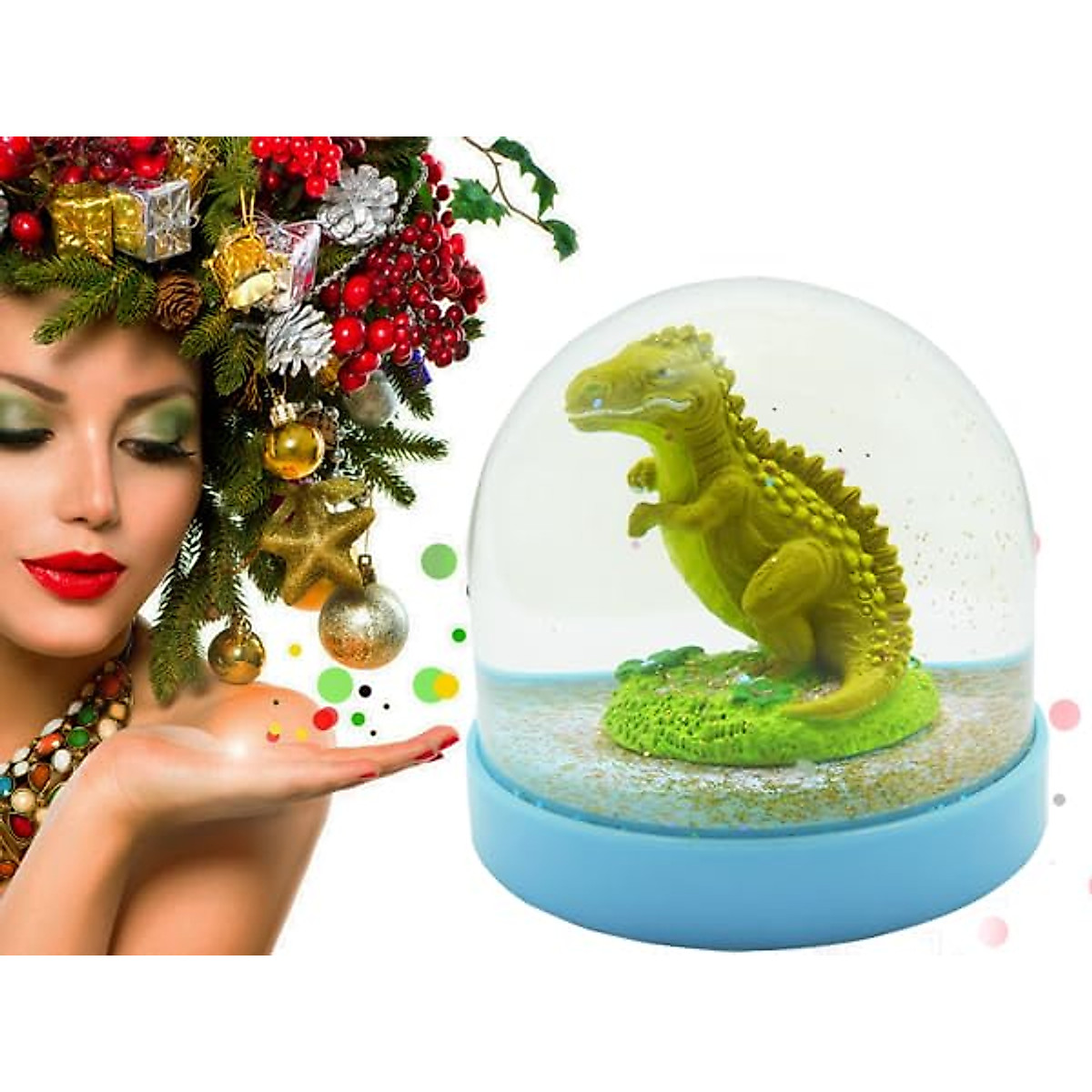 Lightahead Mini Dinosaur Snow Globe Inside Blue Base,Table Top Decorations Christmas,Birthday Gifts