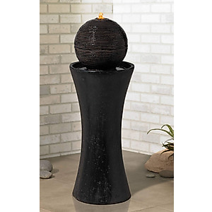 Dark Sphere Modern Zen Outdoor Floor Water Fountain 30" High with LED Light Bubbler Pillar for Garden Patio Backyard Deck Home Lawn Porch House Relaxation Exterior Balcony - John Timberland