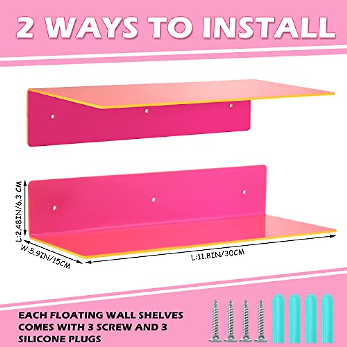 Set of 2 Acrylic Shelves 12 Inch Acrylic Wall Shelf Acrylic Floating Shelves Wall Mounted Display Organizer Book Shelf for Bedroom Living Room Bathroom Office Nursery Kitchen Book Display, Pink