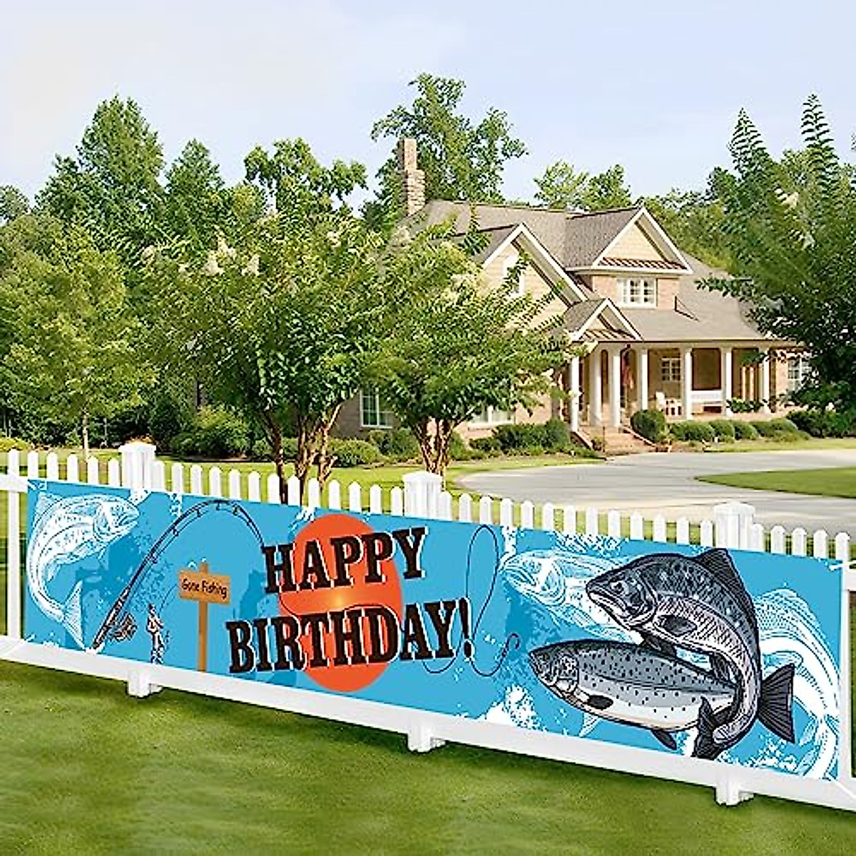 Kimini-Ki Gone Fishing Birthday Banner, Fishing Birthday Decorations for Men / Boys, Lager Fishing Theme Banner, Fisherman 10th 20th 30th 40th 50th 60th 70th 80th 90th Birthday Decoration Yard Sign, Gone Fishing Birthday Party Supplies