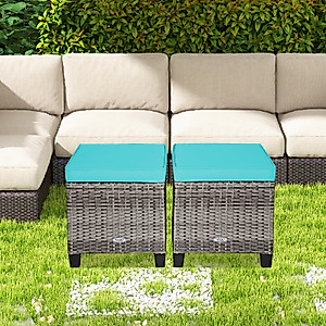 ORALNER Set of 2 Outdoor Ottoman, 16” Wicker Foot Stools, All-Weather Rattan Cube Footstool w/Removable Cushions, Square Footrest Extra Seating for Patio, Porch, Deck, Easy Assembly (Turquoise)