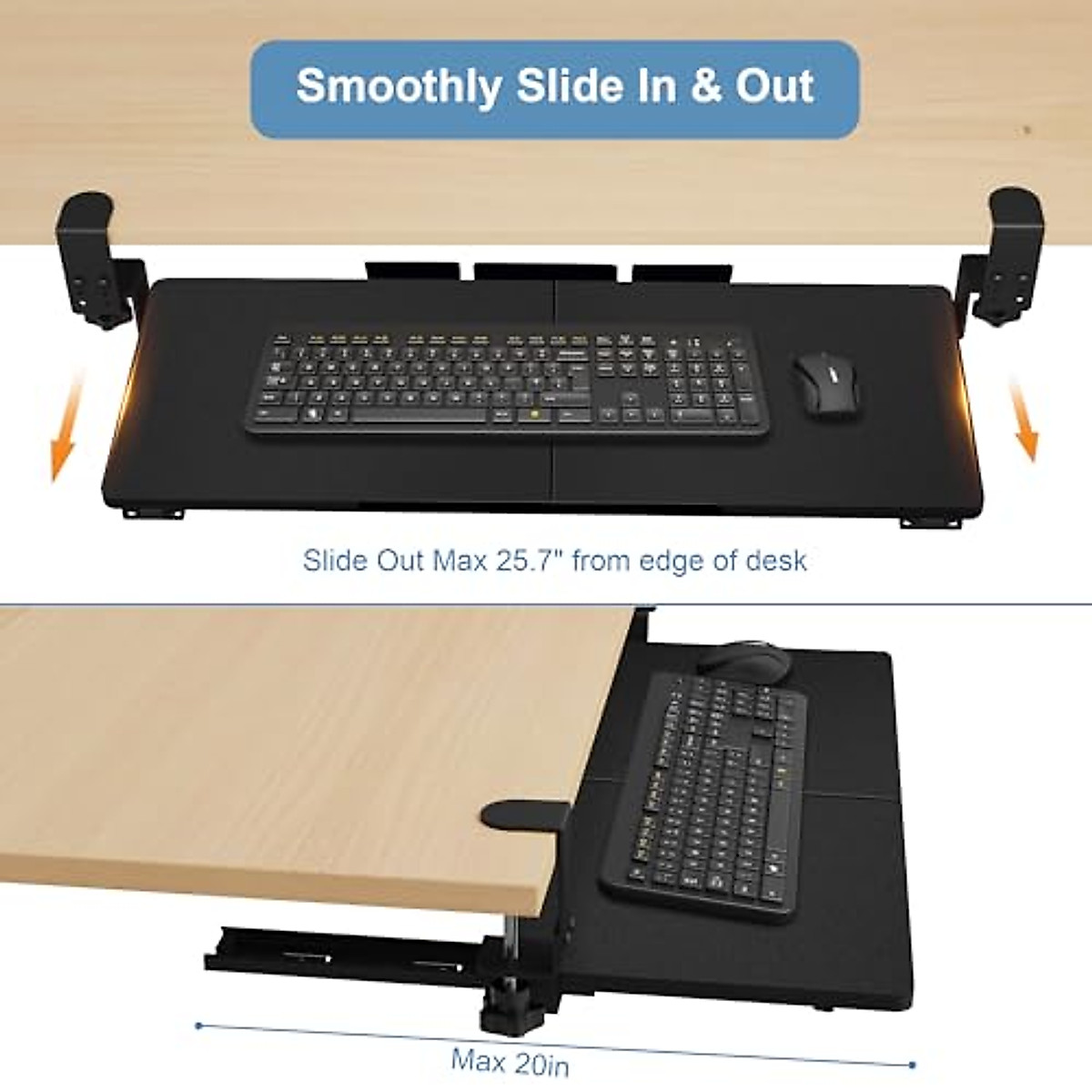 EQEY Keyboard Tray Under Desk, Height Adjustable Keyboard Tray Ergonomic Pull Out Under Desk Drawer Keyboard Platforms with Wrist Support Pad Keyboard Drawer for Desk (26 x 10 inch, Black new version)
