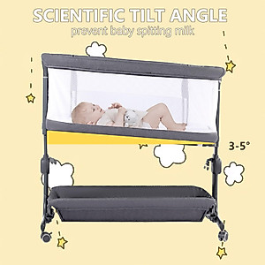 Kinder King Portable Baby Bassinet w/Carry Bag, Newborn Bedside Crib Sleeper, Adjustable Height, All-Sided Mesh Infant Travel Crib, Removable Mattress, Storage Space, No Tool to Assemble, Dark Grey