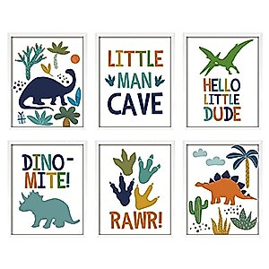 ArtbyHannah 6 Pack 8x10 Inch Framed Nursery Wall Art Decor with White Picture Frames and Decorative Watercolor Dinosaurs Art Prints for Kids Room, Playroom, Nursery Room Decoration, Dino Room Decor