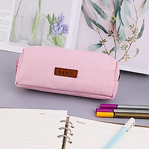 Oyachic Small Pencil Case Zipper Coin Pouch Canvas Pen Holder Marker Cosmetic Makeup Bag for Office Compact Adult Business,Pink