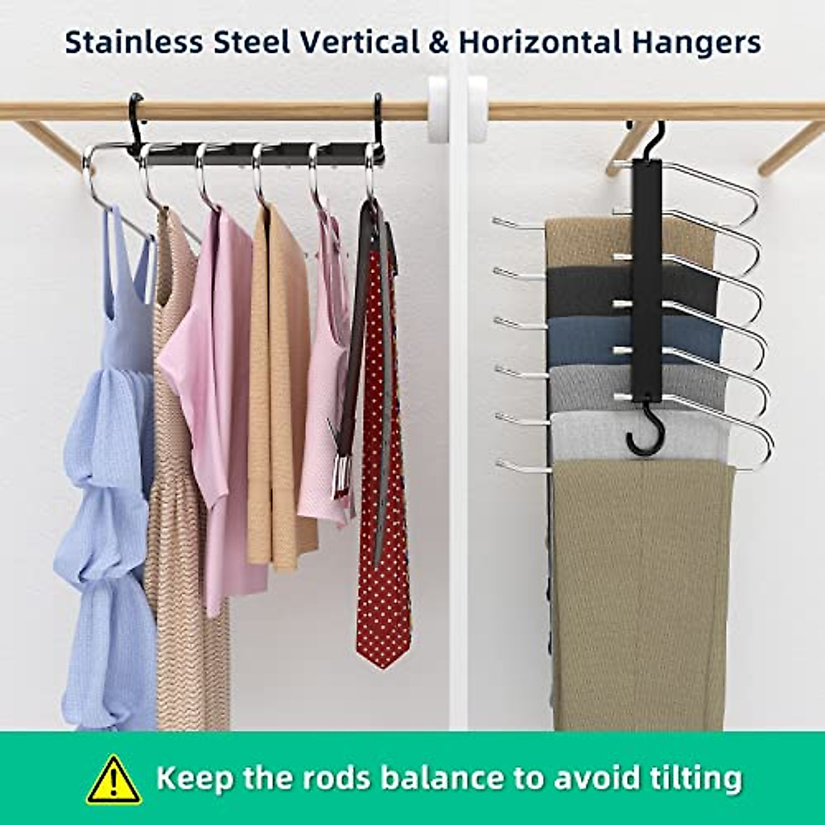 Pants Hangers Space Saving, 2 Pack Stainless Steel Pants Hangers for Closet Organizer Magic Trousers Hanger Space Saving Non Slip for Jeans Skirts Scarves Belts Towels Ties Leggings (Black)