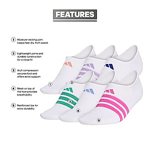 adidas Women's Superlite Super No Show Socks (6-pair), White/Lucid Fuchsia Pink/Blue Fusion, Medium