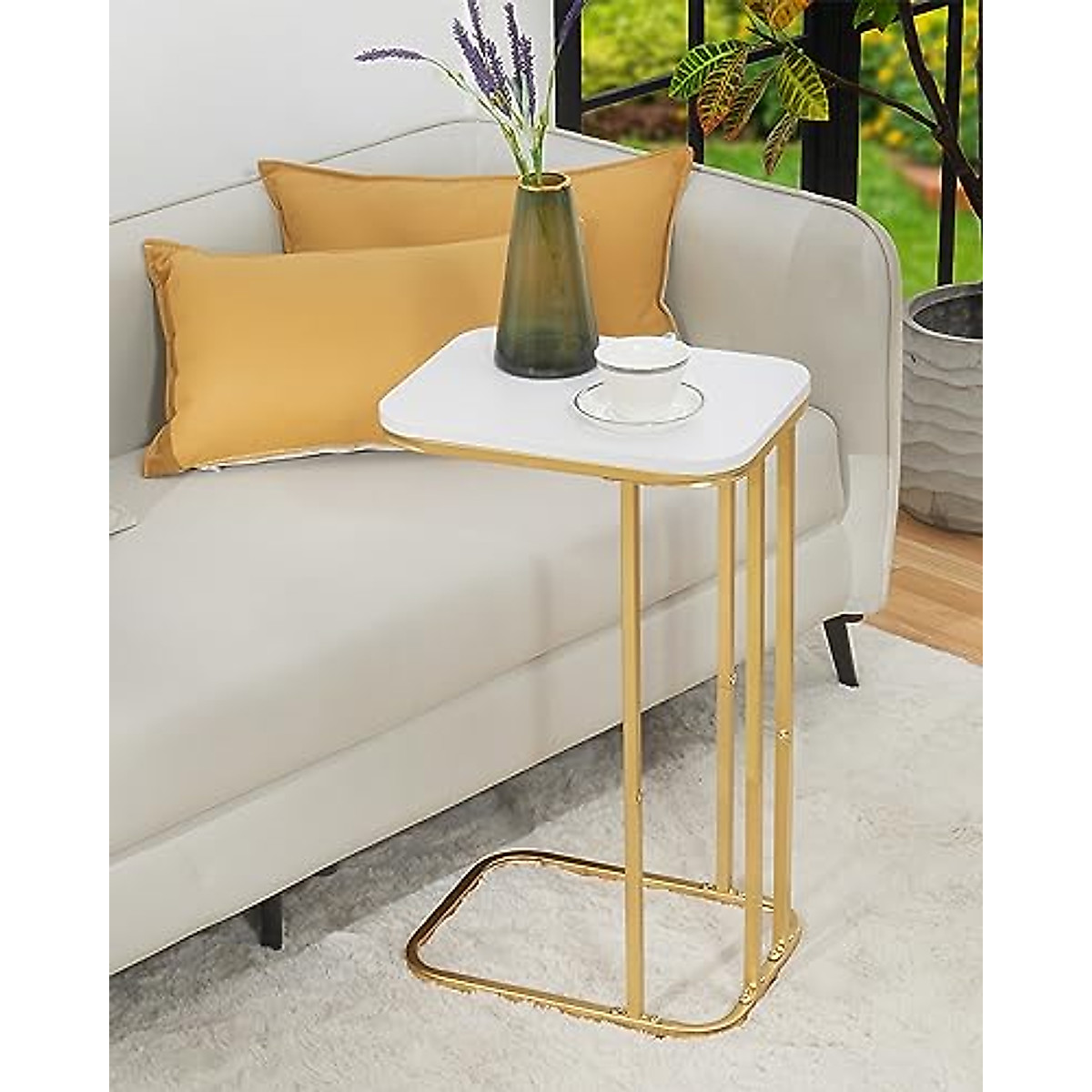 KJGKK C Shaped End Table, 26.6 inches High Side Table for Couch Sofa Bed, Small Tv Tray, for Living Room, Bedroom, Metal Frame, Gold & White