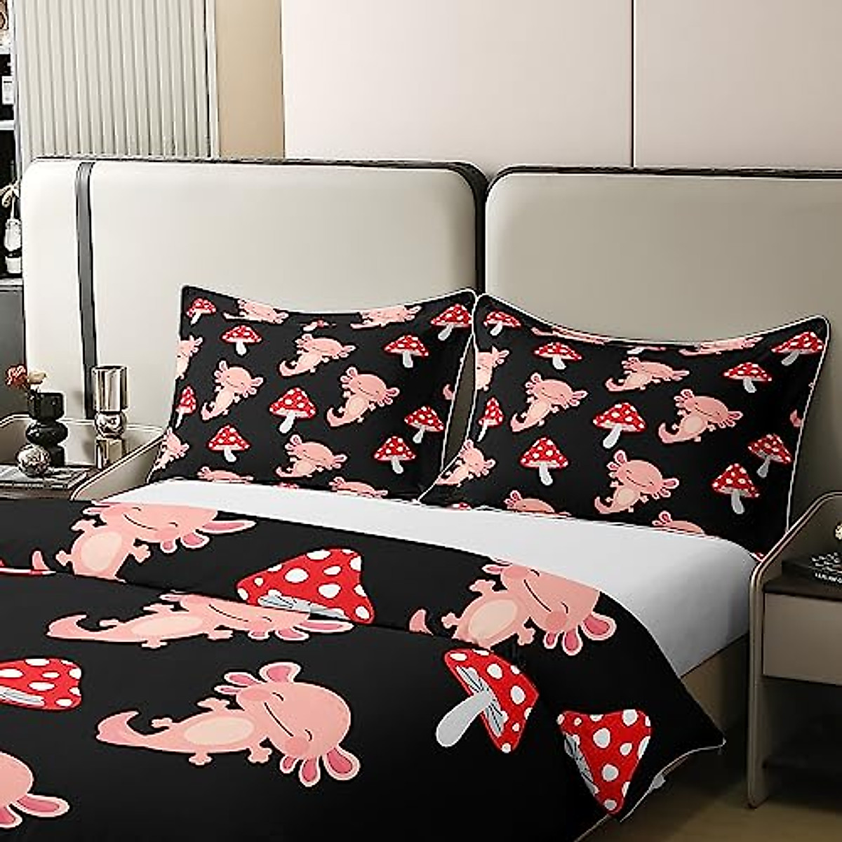 Full Size Comforter Cover Cartoon Pink Axolotl 100% Natural Cotton Bedding Set Cute Red Mushroom Plants Duvet Cover for Bedroom Gifts Lovely Wild Animal Rustic Style Bedding Set 3 PCS