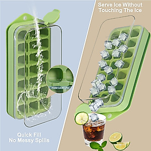 LYDTICK Ice Cube Tray with Lid and Bin, 21 Pcs Ice Cubes Mold for Freezer Easy Release, Quick Filling Without Touching, Green