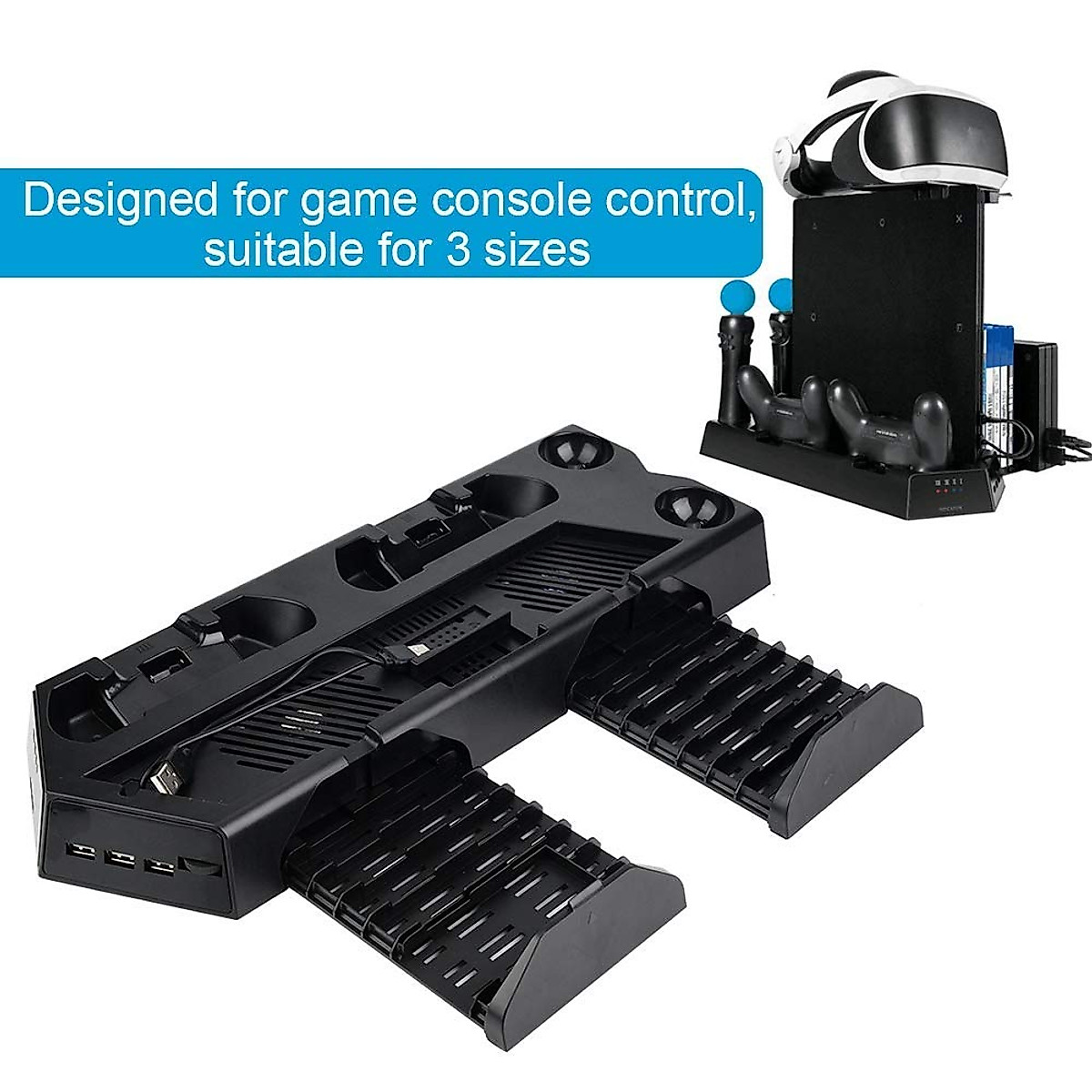 3 in 1 Multi Charging Stand with 2 Cooling Fans for PlayStation PRO/Slim/PS VR, Controller Docking Station Charger, 11 Card Slot, Vertical Stand PSVR Headset Bracket