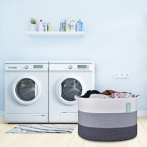 BOSROTY Extra Large Blanket Basket 87L, Laundry Hamper, Baby Nursery Hamper, Large Laundry Basket For Girls Boys, Cotton Rope Basket, Clothes Basket Laundry, 22”x 14”, White & Gray