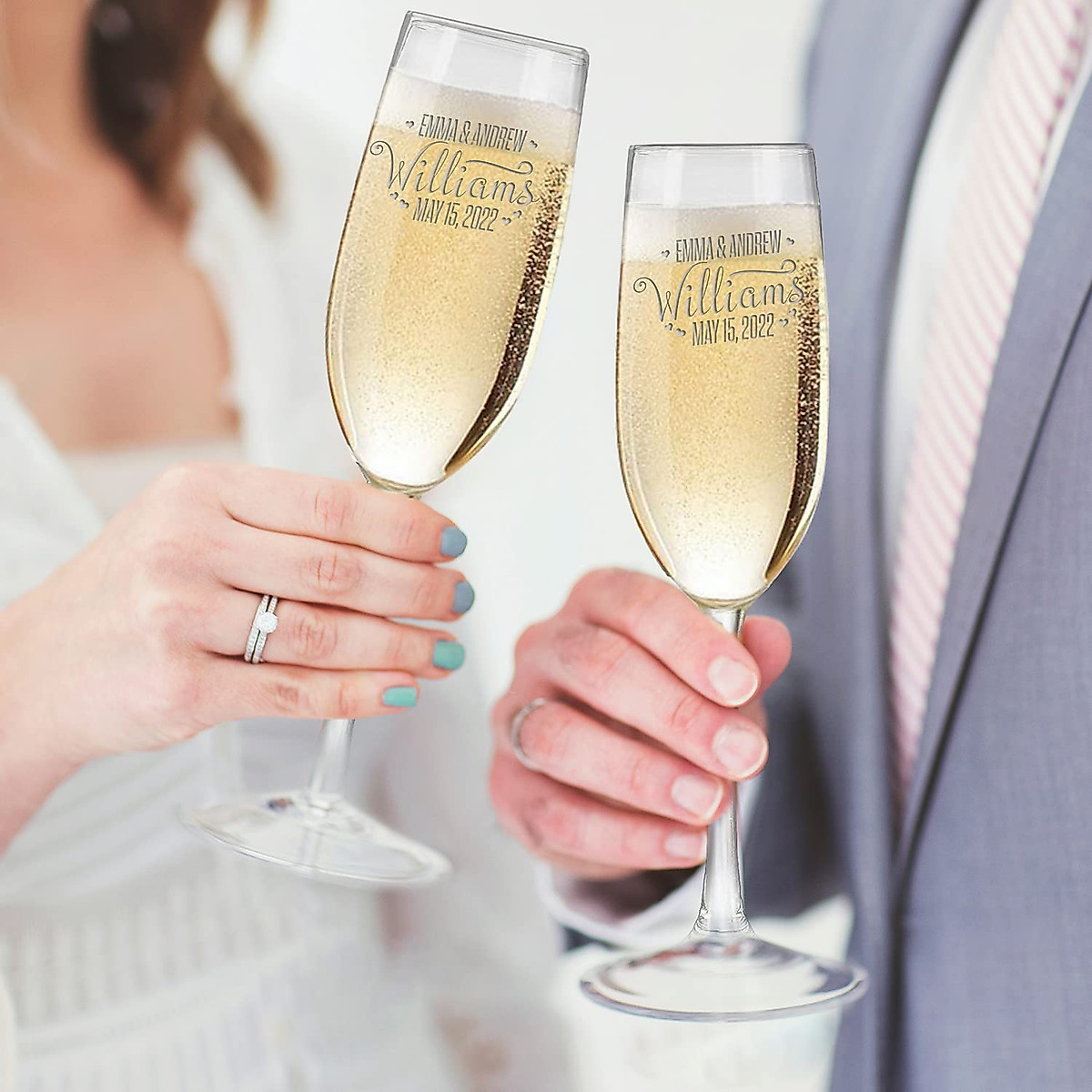 Set of 2, Personalized Wedding Champagne Flutes Glasses 8 oz. with Box, Custom Engraved with Names and Date, Toasting Flutes Gifts for Bride, Groom, Newly Weds (Family Name)