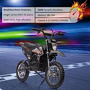 36V Kids Ride on Dirt Bike,15.5MPH Fast Speed Electric Battery-Powered Off-Road Motorcycle with 350W Brushless Motor,Max Load 175 lbs,LED Light,Leather Seat,Disc Brake,Air-Filled Tires,(Black)