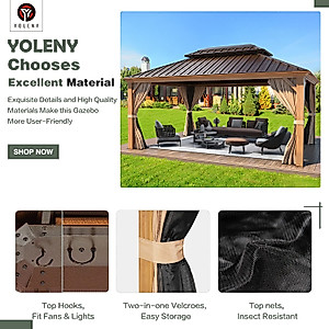YOLENY 12'x16' Hardtop Gazebo, Wood Grain Aluminum Frame Outdoor Gazebo with Double Galvanized Steel Roof, Permanent Metal Pavilion with Curtains and Nettings for Patio, Backyard, Deck and Lawns