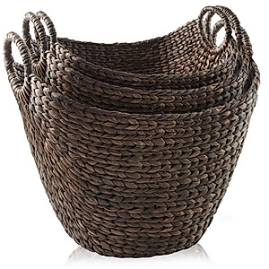 Casafield Set of 3 Multipurpose Boat Baskets with Handles - Espresso, Woven Water Hyacinth Storage Organizers for Throw Blankets, Bedroom, Living Room, Laundry