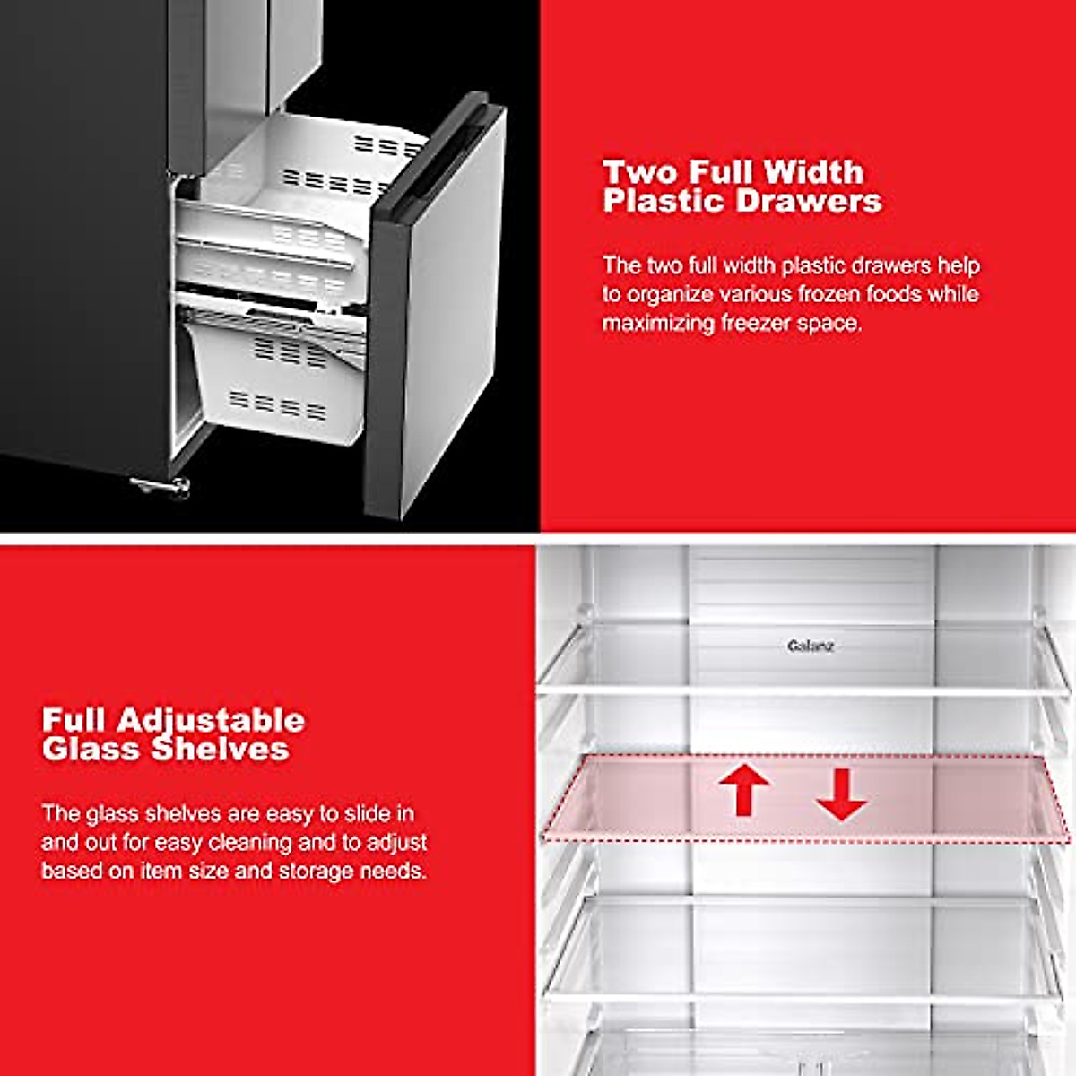 Galanz GLR16FS2D08 3 French Door Refrigerator with Bottom Freezer & Adjustable Thermostat, 16 Cu Ft, Stainless Steel