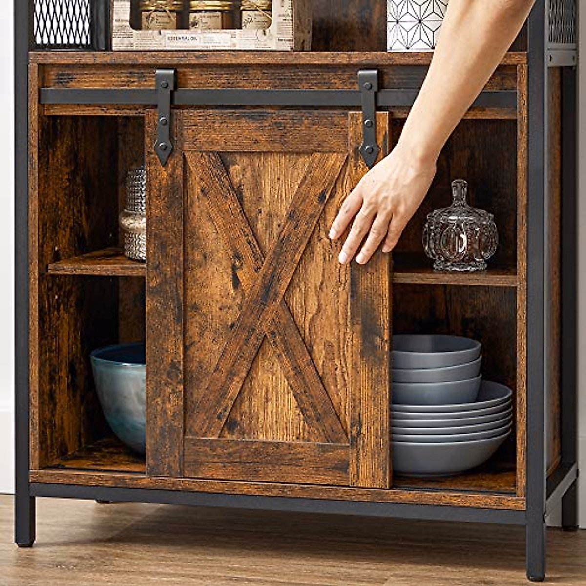 VASAGLE Buffet Cabinet, Sideboard with Open Compartment, Sliding Barn Door, 27.6”L x 11.8”W x 31.5”H, Industrial Rustic Brown and Black ULSC089B01