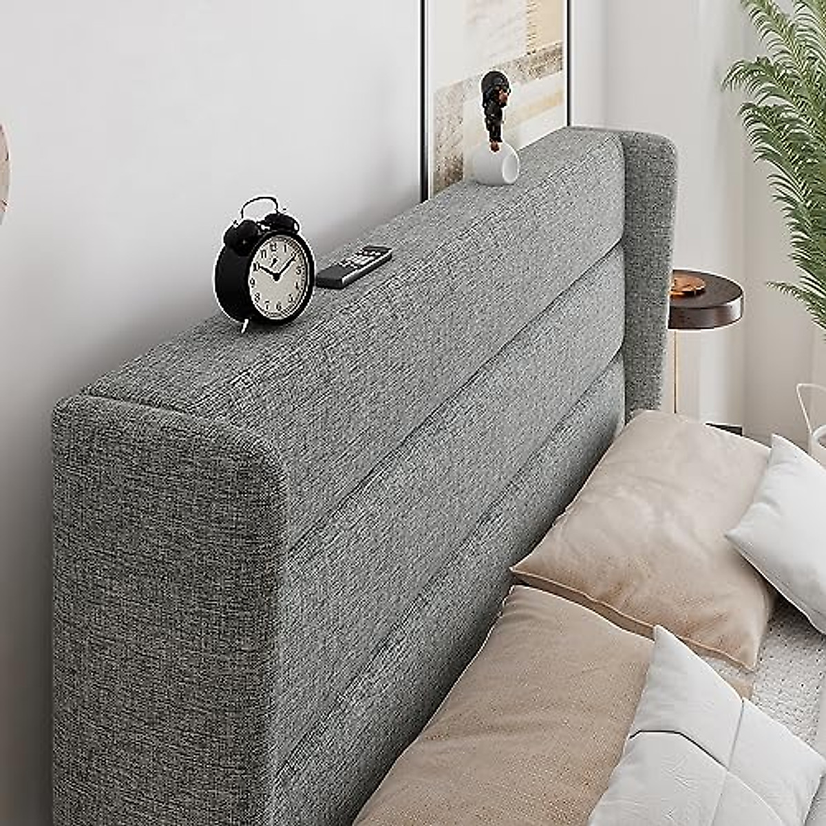 Feonase King Size Upholstered Platform Bed Frame with Wingback Headboard, Minimalist Mattress Foundation with Wooden Slats Support, Noise Free, No Box Spring Needed, Easy Assembly