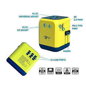 International Travel Plug Adapter by SIFT - Dual AC Sockets + 4 USB with 1 QC 3.0 USB and 1 PD-Type C