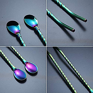 HOMQUEN Rainbow Iced Tea Spoon with Straw Handle for Drinking, 4 Pieces 8.7" Stainless Steel Titanium Rainbow Plating Long Handle Bar Spoon Silverware for Mixing and Stirring