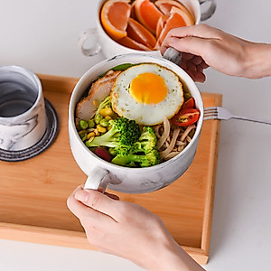 Yundu 26 Ounces Grey Marble Porcelain Bowls with Handles, French Onion Soup Bowls, Microwave and Oven Safe Bowls - Stackable Handled Bowls Set of 4