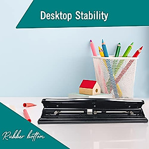 3 Hole Punch, Adjustable, 3 Hole Puncher for Binder, 10 Sheet Capacity Hole Puncher Black Metal Hole Puncher 3 Ring, Rubber Base Three Hole Punch and Easy Clean Tray