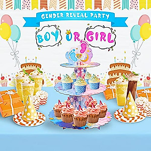 BACUTHY Gender Reveal Cupcake Stand - 3 Tier Cardboard Cup Cake Holder Tower for Boy or Girl Reveal Decorations, Baby Shower Birthday Party Supplies