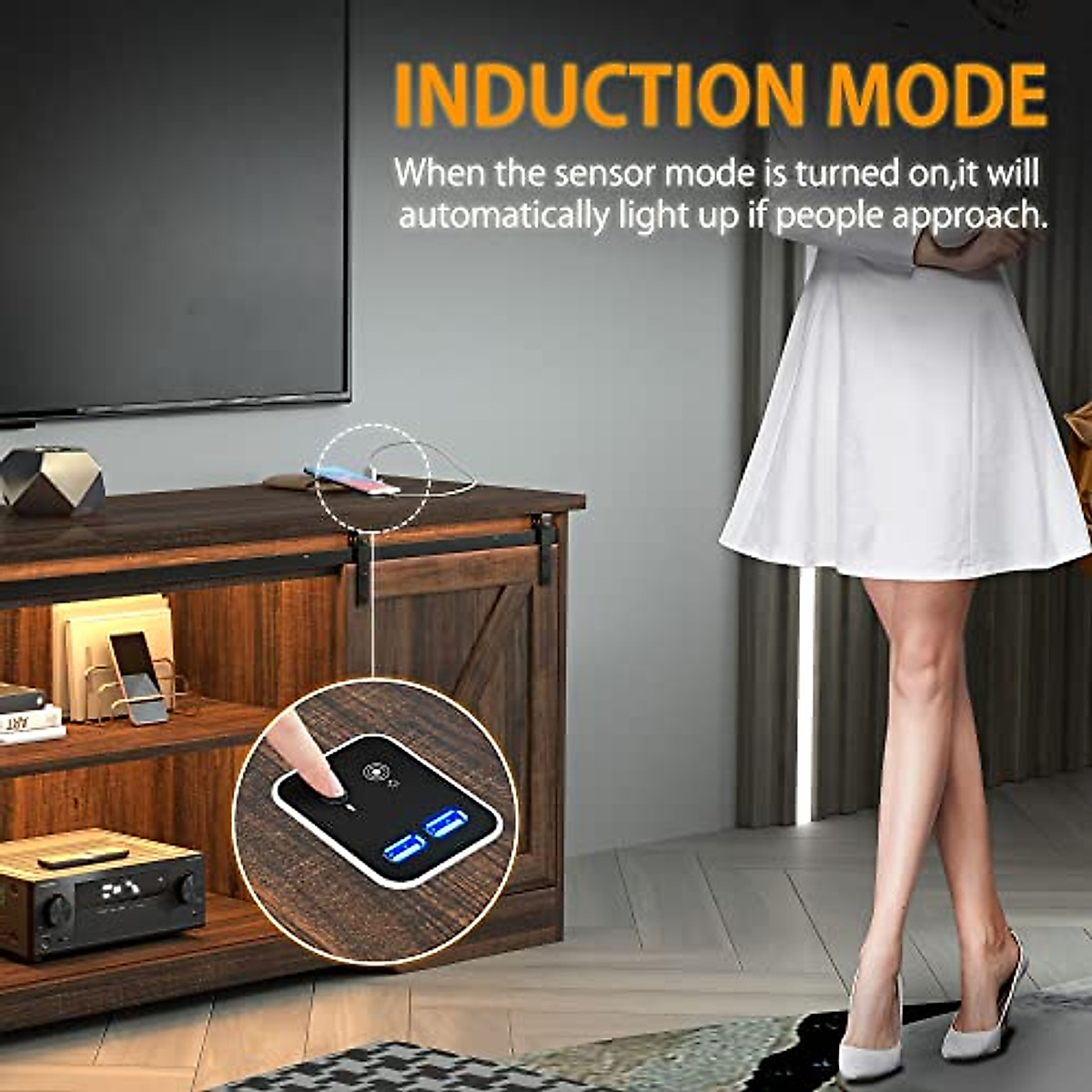 Kasibie Farmhouse 65" TV Stand, Modern LED TV Stand Brown, Entertainment Center with Storage Cabinet, Sliding Barn Door Media Cabinet (Brown)