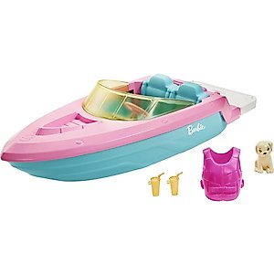 Barbie Toy Boat with Pet Puppy, Life Vest & Beverage Accessories, Fits 3 Dolls & Floats in Water