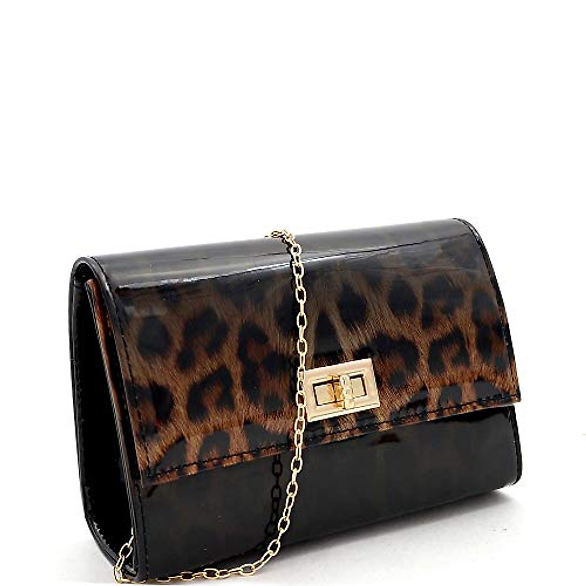 Leopard Print Glossy Faux Leather Clutch Purse Shoulder Bag with Chain Strap (Turn-lock Flap - 1Nude/Black)