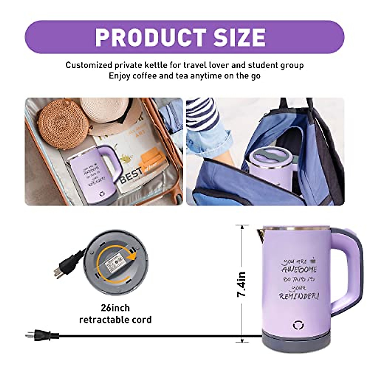 0.8L Small Electric Kettle Stainless Steel,600w Low Power Mini Portable Tea Kettle, Double Wall Travel Hot Water Boiler,Auto Shut-off & Boil-Dry Protection,for Travel, Office Student Dormitory