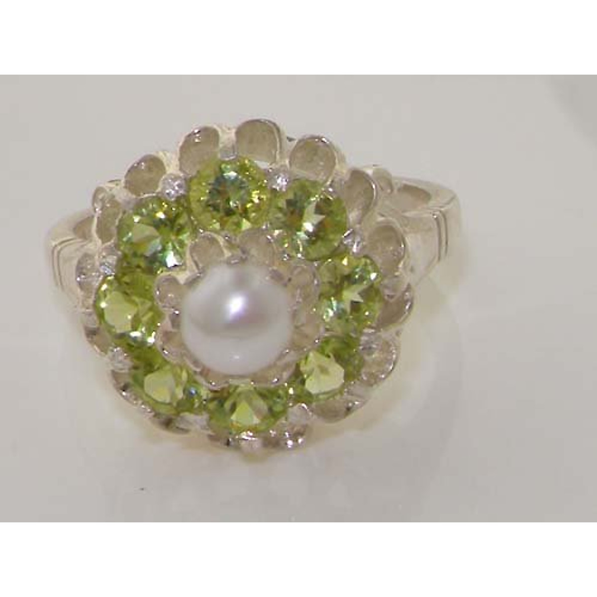 925 Sterling Silver Cultured Pearl and Peridot Womens Band Ring - Size 10
