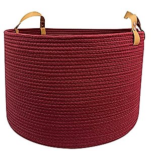 ICEBLUE HD XXL Rope Laundry Basket Woven for Toys Blankets,Storage Basket with leather handles 21"X13" -Burgundy