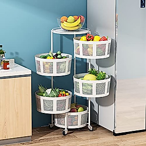 Flesser Rotating Baskets Storage Rack 5 Tier Round Kitchen Rolling Cart with Wheels White Fruit Vegetable Baskets Organizer Stand for Bathroom,Bedroom