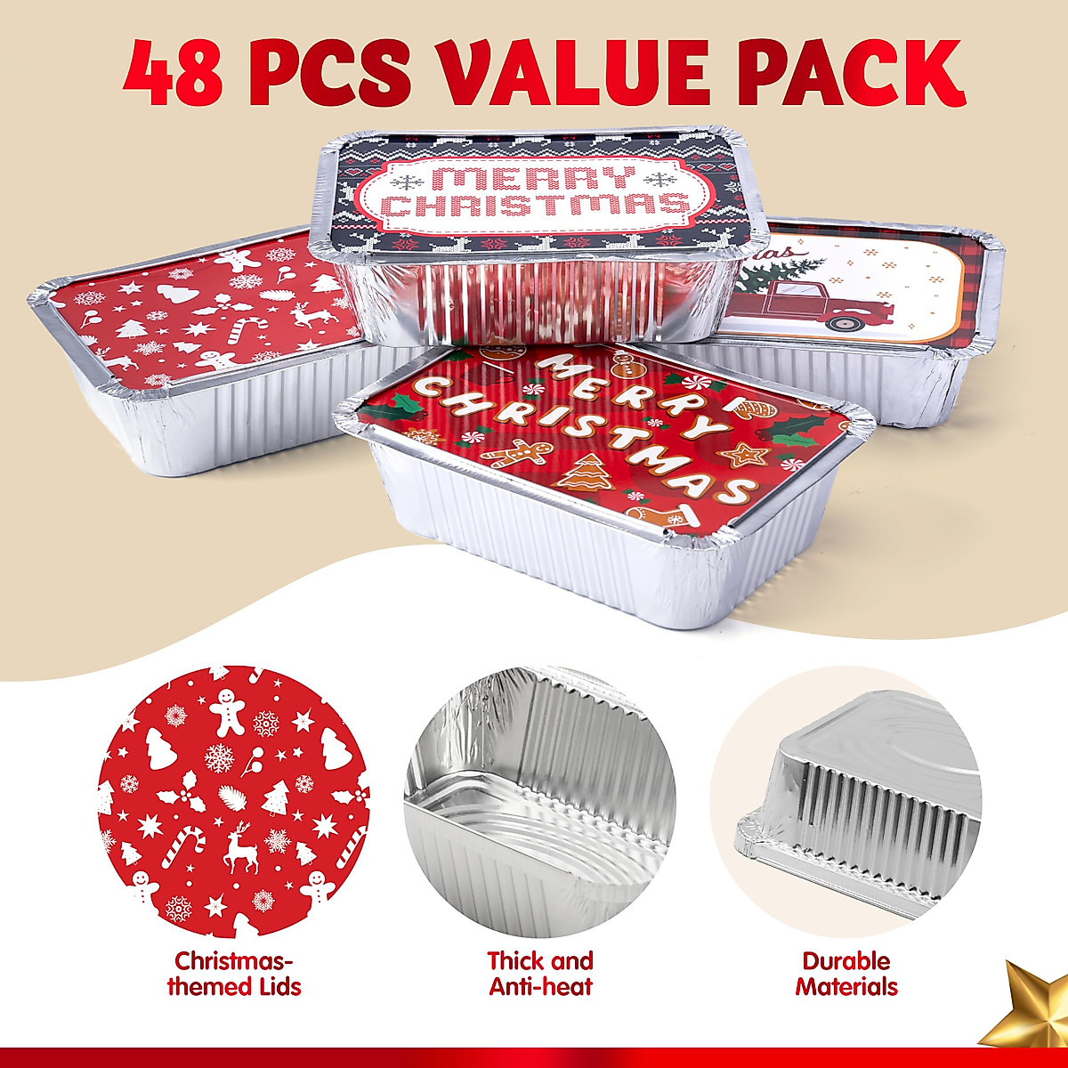 JOYIN 48 Pieces Christmas Foil Containers with Lids, 8 Holiday Designs, 7"x5"x2" Rectangular Treat Foil Containers, Disposable Food Storage Pan for Holiday Leftovers Goodie Container