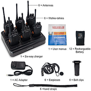 Greaval GV-8S Long Range Walkie Talkies with Six-Way Multi-Unit Charger for Adults, 6 Pack Rechargeable Walkie Talkies with 12 Li-ion Batteries, Two-Way Radio with Earpieces and Mic