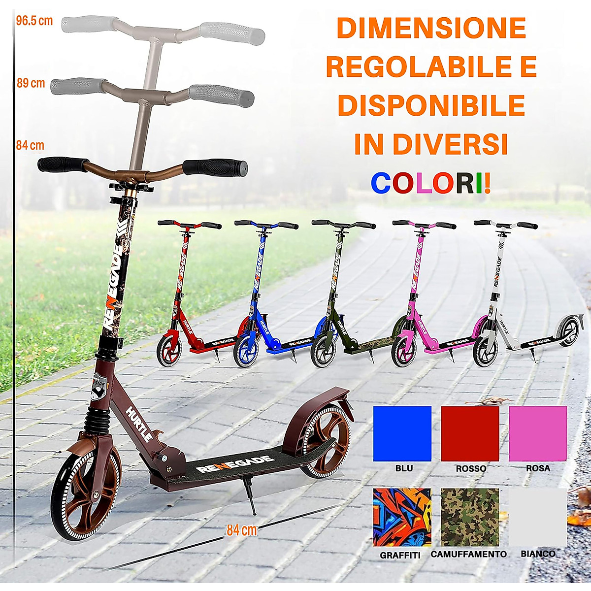 Hurtle Renegade Kick Scooters for Kids Teenagers Adults- 2 Wheel Kids Scooter with Adjustable T-Bar Handlebar - Alloy Anti-Slip Deck - Portable Folding Scooters for Kids with Carrying Strap