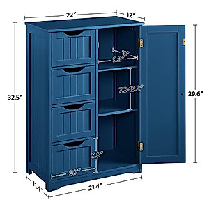 Yaheetech Wooden Bathroom Floor Cabinet, Side Storage Organizer Cabinet with 4 Drawers and 1 Cupboard, Freestanding Entryway Storage Unit Console Table, Bathroom Furniture Home Decor, Navy Blue