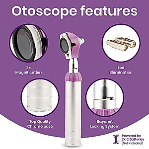Zyrev Otoscope Oph Multi-Function Set - Otoscope/Opthalmoscope for Ear & Eye Examination - with Portable Carry Case, Sight Chart, Replacement Tips (Purple)