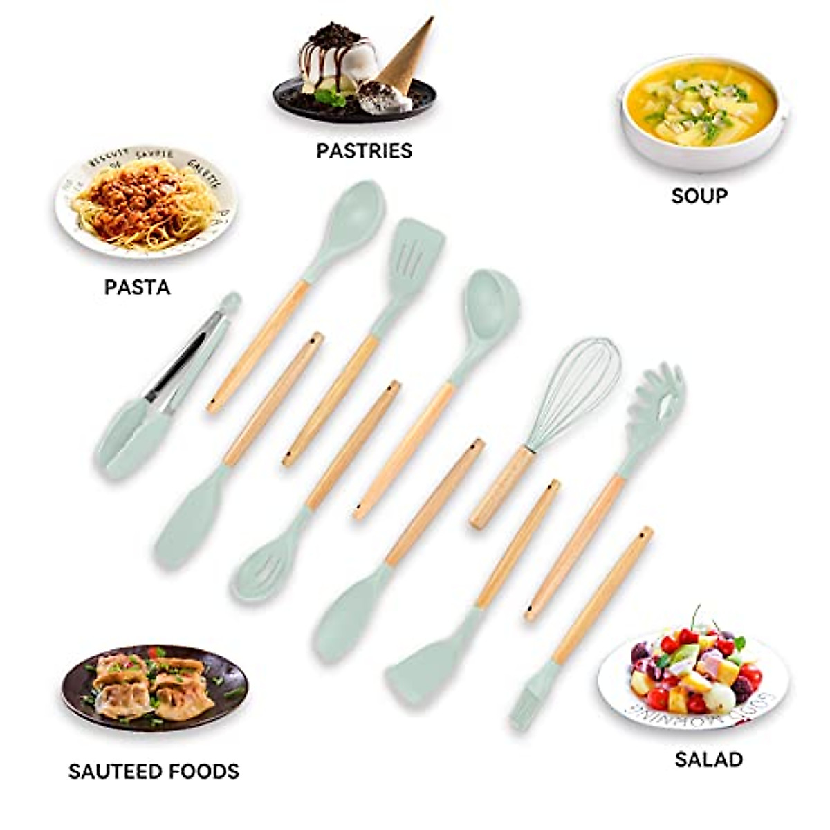 SHUNIKING Kitchen Silicone Utensil Set,12 Pcs Non-Stick Cooking Utensils With Wood Handles,Kitchen Spatula Cookware Set for High Heat Resistant Gadgets (Green) (Kitchenware-1)