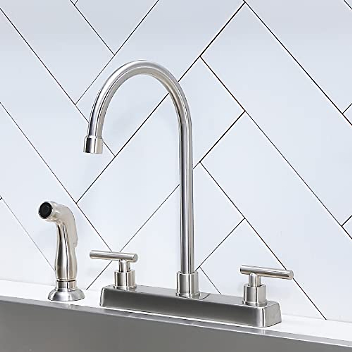 Hotis 4 Hole Kitchen Faucet, Brushed Nickel 2 Handle Kitchen Faucet with Side Sprayer, Rv 3 Hold Kitchen Sink Faucet, Stainless Steel High Arc 360 Swivel Kitchen Faucet Pull Out Side Sprayer