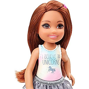 Barbie Club Chelsea Doll (6-inch Brunette) Wearing Unicorn-Themed Graphic and Star Skirt, for 3 to 7 Year Olds