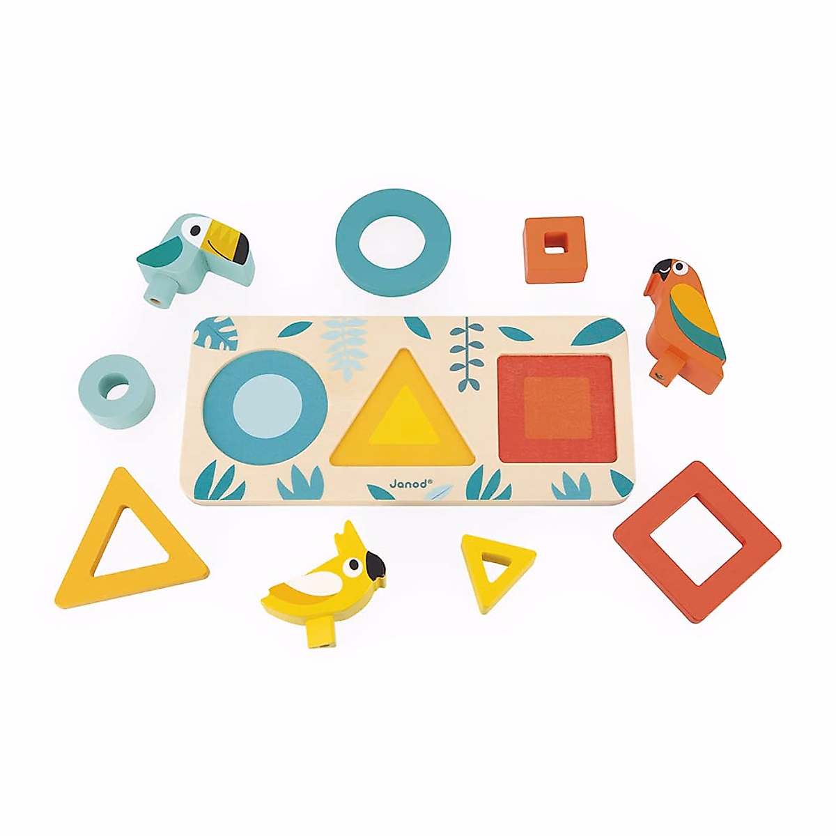 Janod - Tropik My First Shapes - Wooden Early-Learning Toy - Educational Toy: Shapes and Colors - 9 Slot-in Shapes - Water-Based Paint - 1 Year + J08266