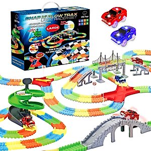 USA Toyz Large Glow Trax Race Tracks for Kids- 380pc Glow in The Dark Race Car Track Set with 360pk Rainbow Flexible Tracks, Roundabout Ramp, Bridges, Ramps, 2 Toy Cars, STEM Toys for Boys and Girls