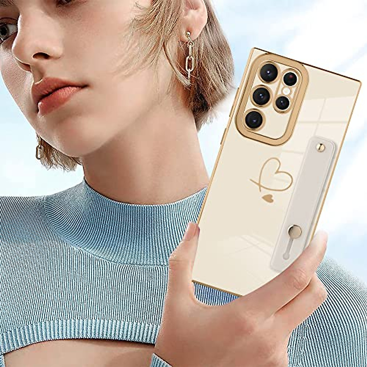 ZIYE Galaxy S22 Ultra 5G Luxury Electroplated Case with Strap Love Heart Plating Gold Bumper Cover for Women Girls Anti-Scratch Shockproof Back Phone Case for Samsung Galaxy S22 Ultra 5G 6.8 Inch