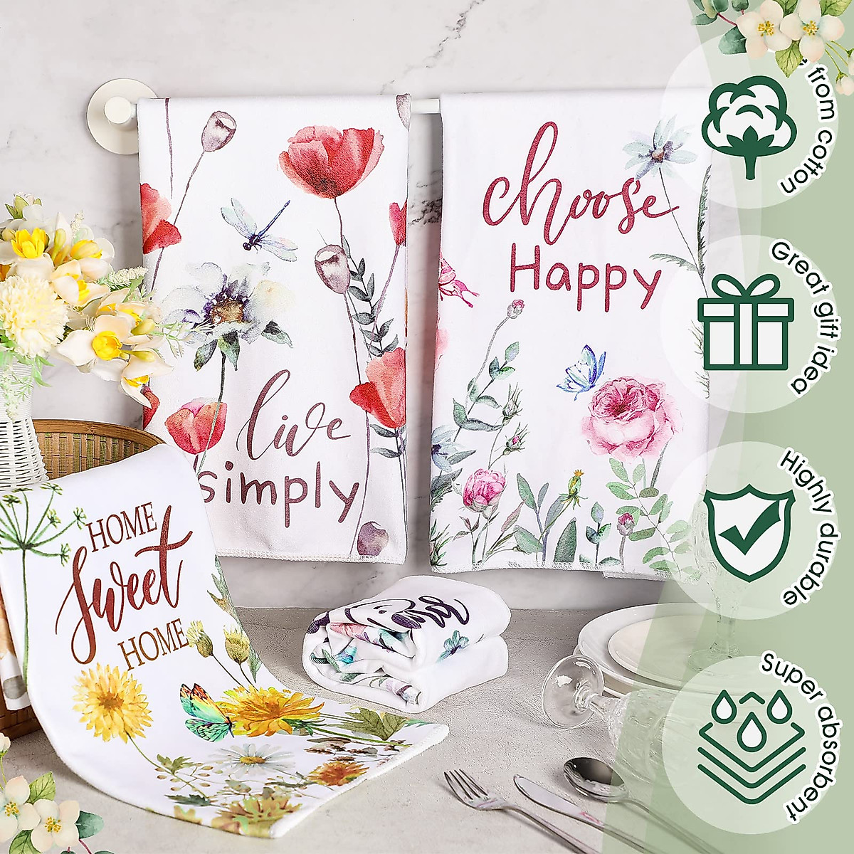 Cunhill 4 Pcs Spring Floral Kitchen Towels Decorative Dish Towels Absorbent Hand Towels Flower Terrycloth Tea Towels Reusable Towels Dishcloth Kitchen Gift for Summer Women Bathroom Home Housewarming